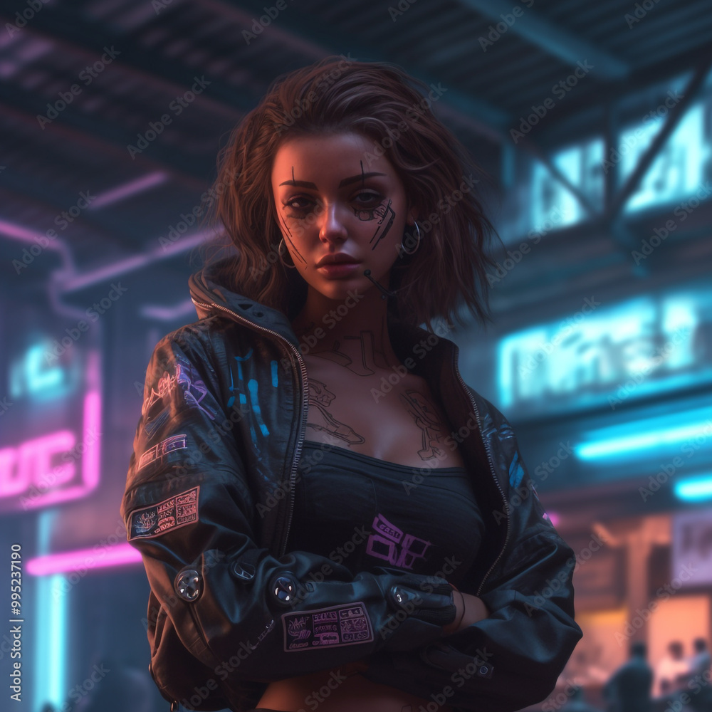 Futuristic cyberpunk woman in the city at night. Female cosplay ...