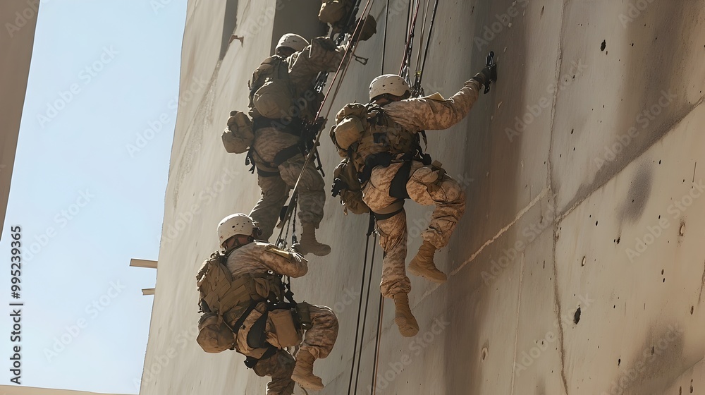 Highly trained military special forces team rappelling down the side of ...