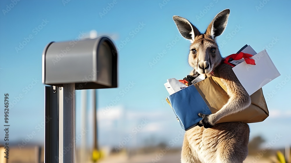 of a Kangaroo Dressed as a Postal Worker Holding a Mailbag Over Its ...