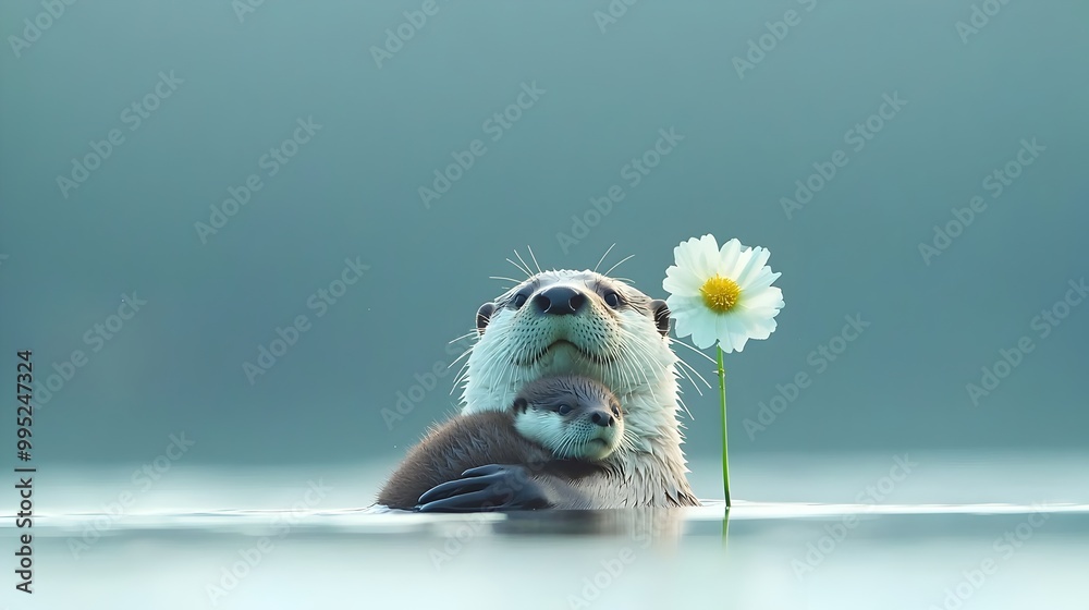 Peaceful Moment A mother otter gently floating on her back cradling her ...