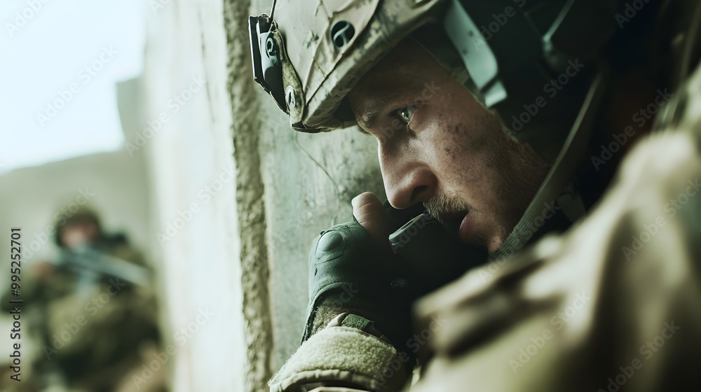 Soldier Crouched Behind Wall Communicates with Team via Radio in ...