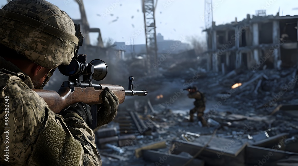 Soldier in military uniform aiming through the scope of a rifle with ...