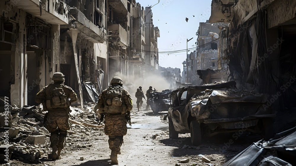 Soldiers in military uniforms cautiously moving through a ruined ...