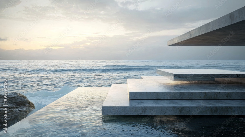 A modern observation deck extending over the ocean, with a series of ...