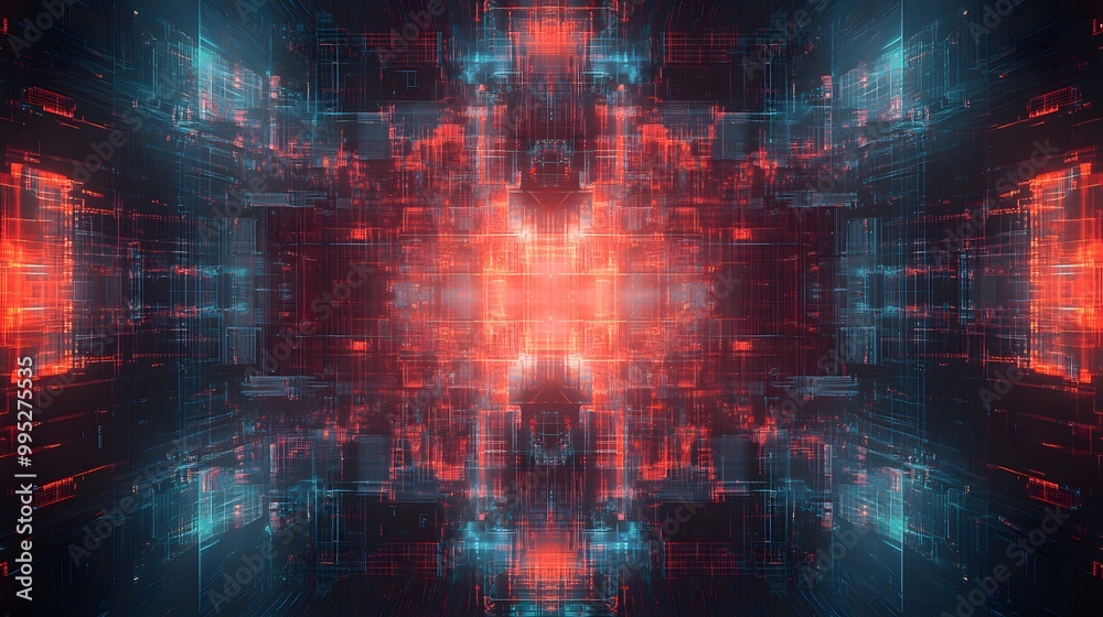 Symmetrical tech patterns on a muted surface with soft glowing effects ...