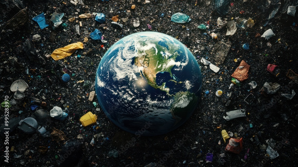 Earth from space with various plastic waste on the one side for earth ...