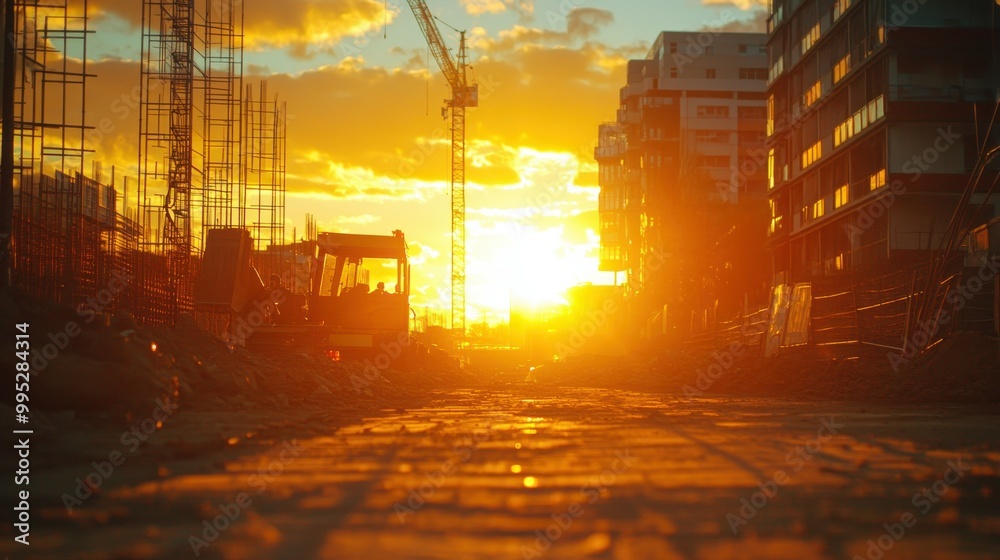 An image of a construction site at twilight, with the last rays of ...