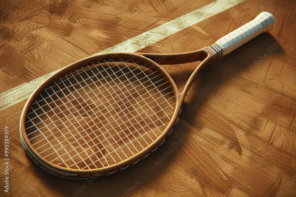 Vintage Tennis Racket on Court: A classic wooden tennis racket rests on ...