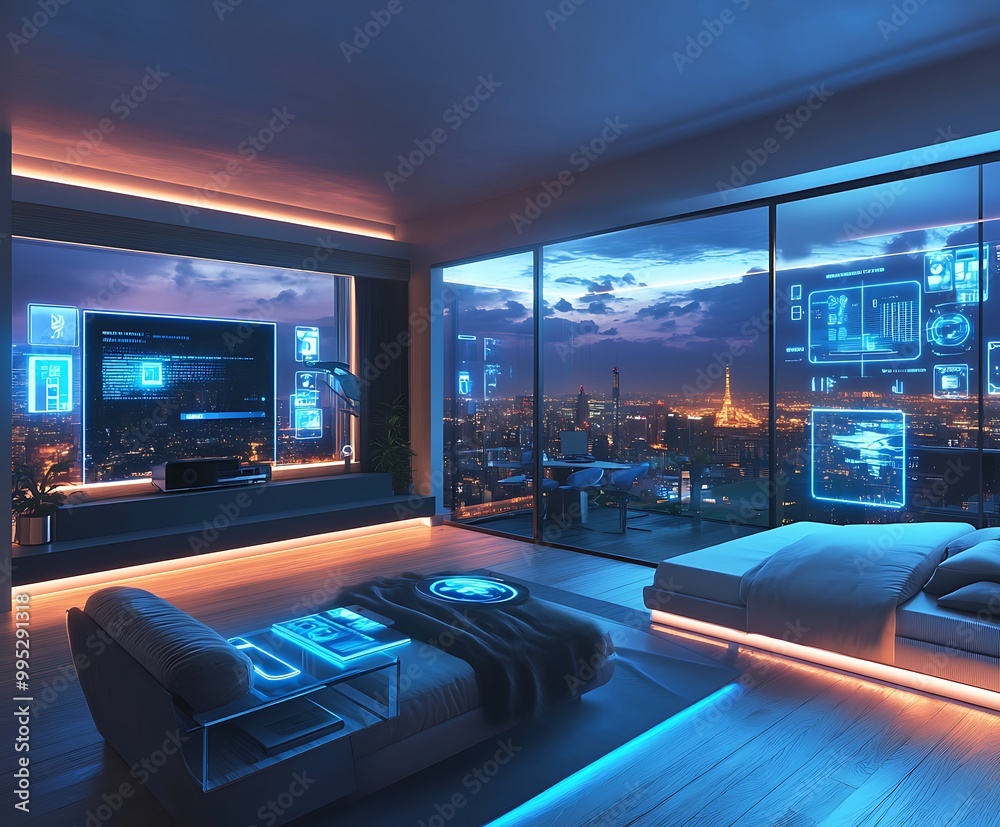 Interior design of a modern smart home with blue light monitors ...