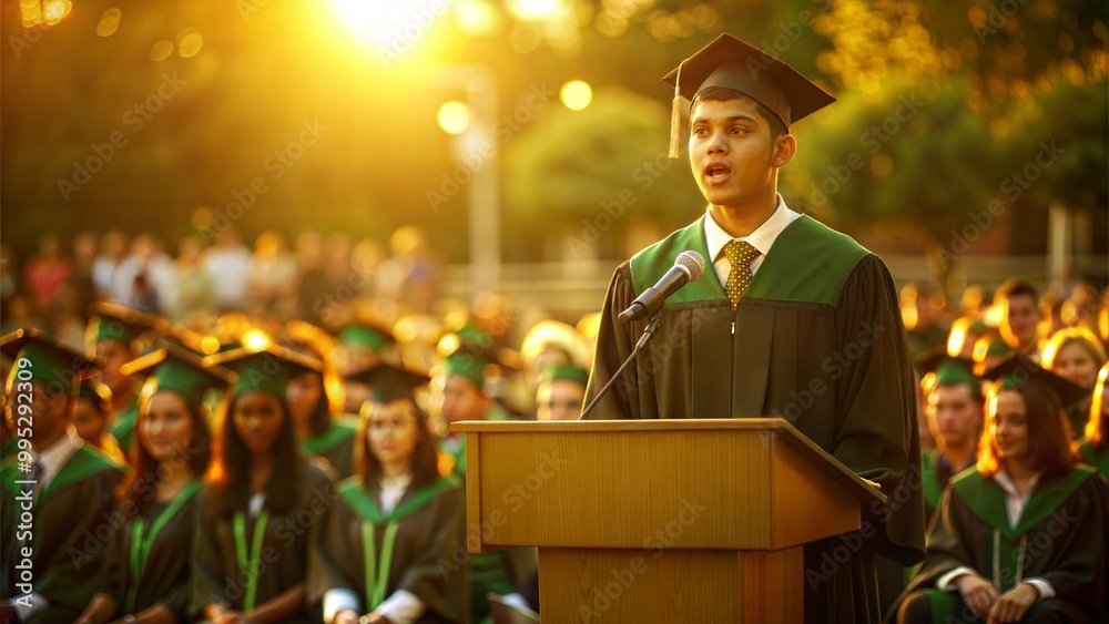 Valedictorian young student man giving graduation speech to other ...