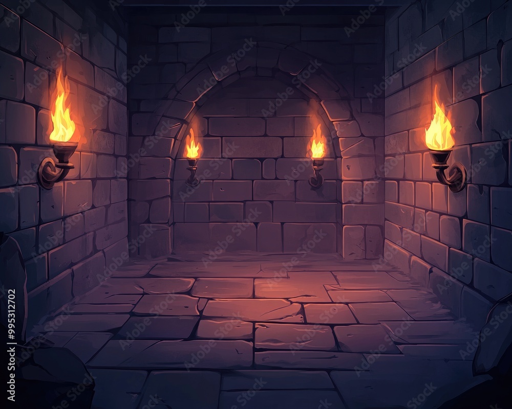 Fantasy dungeon interior featuring stone brick walls and torches An ...