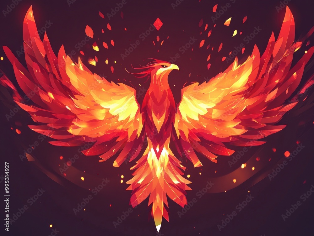 Mythical phoenix with fiery red wings and feathers depicted in a 2D ...