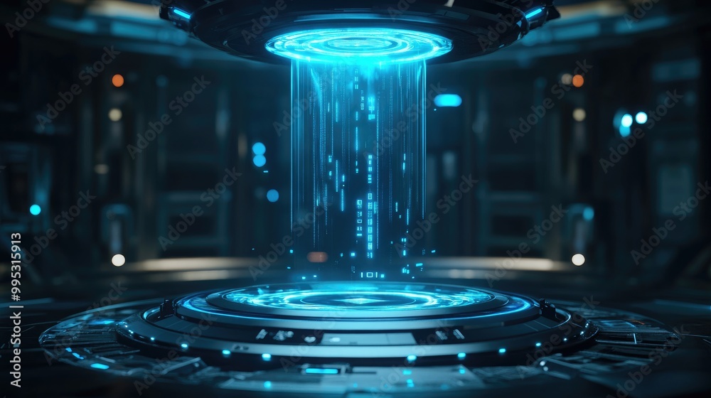 Futuristic circular teleportation podium featuring a portal showcasing ...