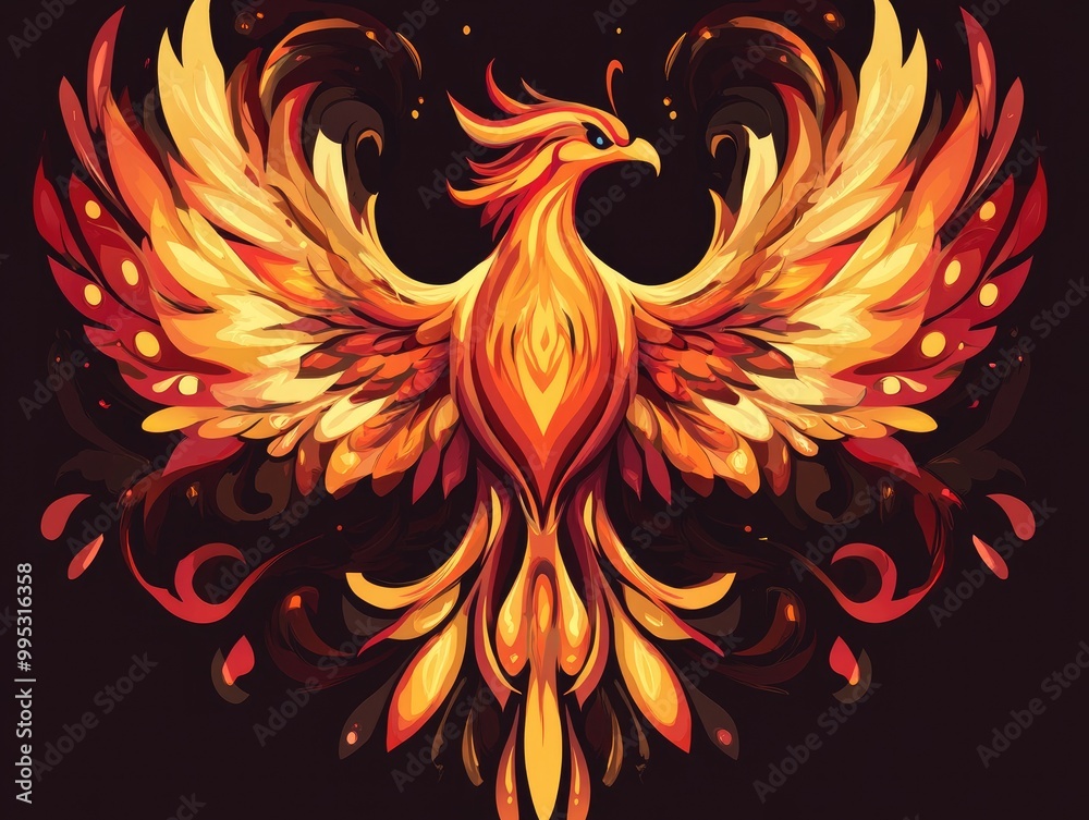 Fantasy phoenix bird with fiery wings and abstract design resembling an ...