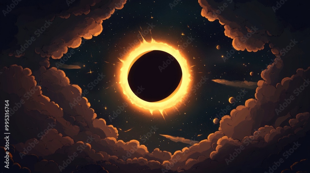 Total solar eclipse featuring meteorites and clouds against a dark ...