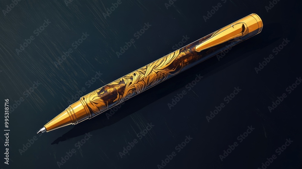 Fantasy pen with a unique gold design illustrated in a 2D cartoon style ...