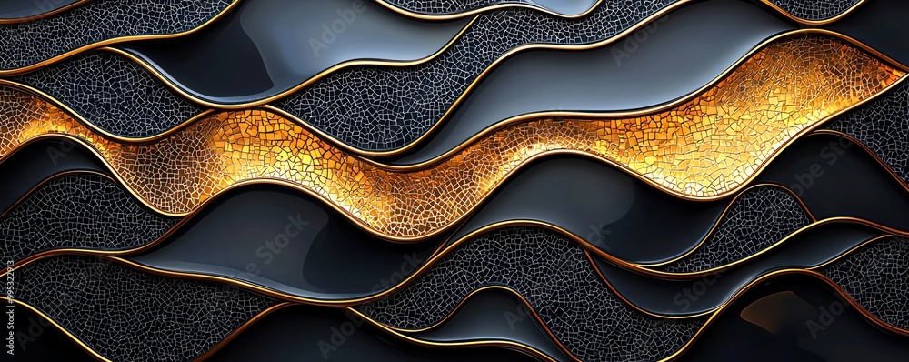 Black and gold mosaic patterns with high gloss, creating an abstract ...