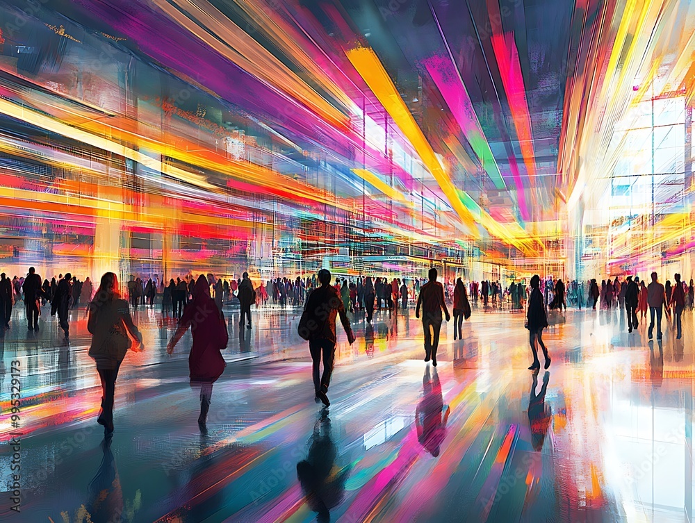 Time lapse of people walking, fast colorful lines of motion illustrated ...