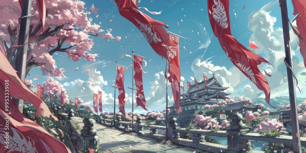 Animated cherry blossom scene with red flags and traditional ...