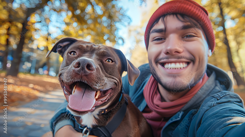 Young happy man taking selfie with his dog in a park - Smiling guy and ...