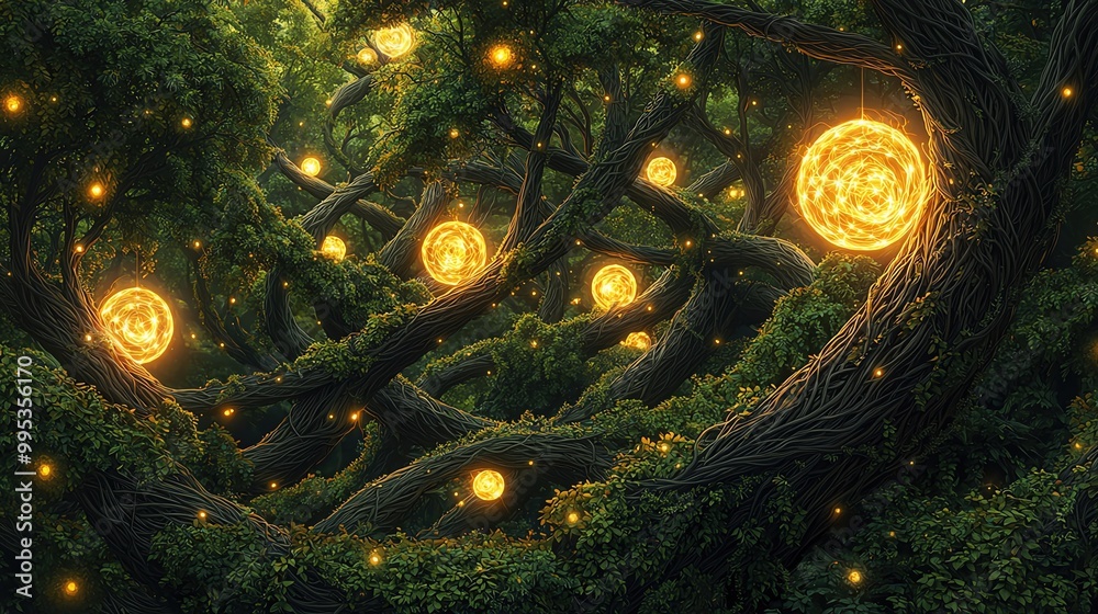 Spiraling lines of leaves and branches intertwining with glowing orbs ...
