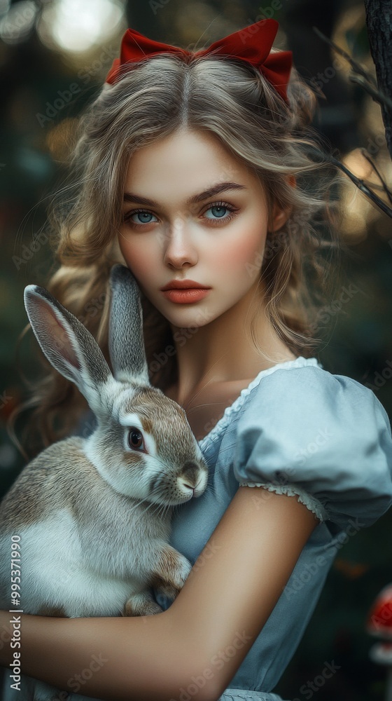 Female model, dressed like Alice from Alice in wonderland, holding a ...