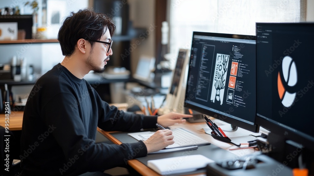 Asian graphic designer utilizing a computer, creating logos, taking ...