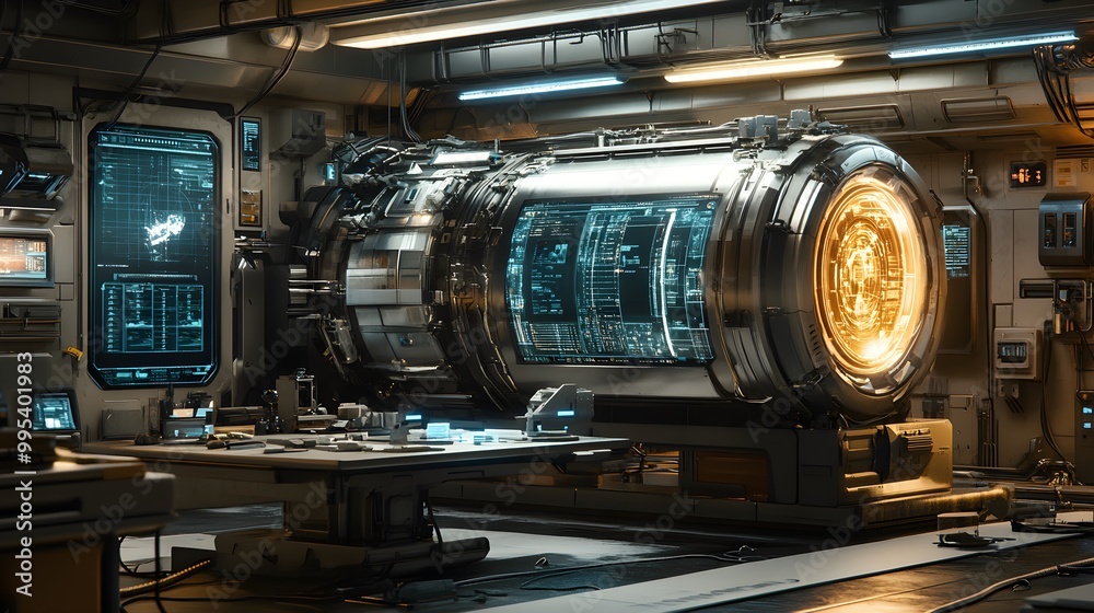 High-tech stainless steel tank embedded within the control center of a ...