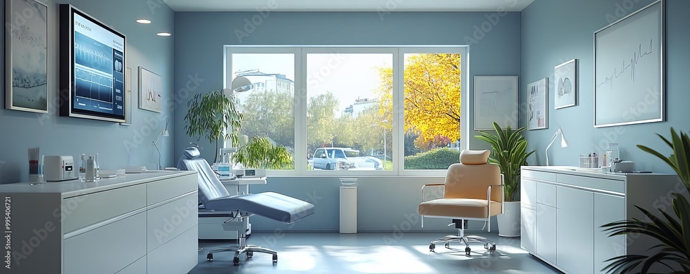 Family doctor s modern clinic setup with a digital screen displaying ...