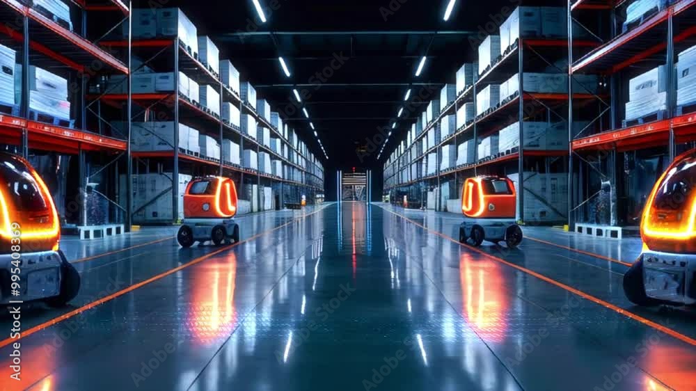 Two automated guided vehicles (AGVs) driving down the aisle of a large ...