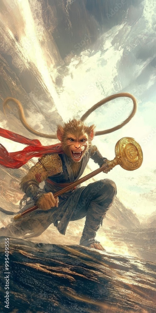 A highly detailed and dynamic image of Sun Wukong, the Monkey King from ...