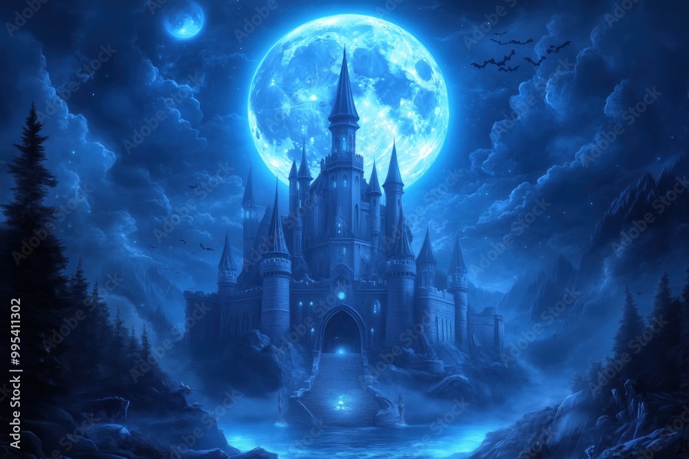 Mystical Blue Moon Castle: Enchanting digital art depicting a majestic ...