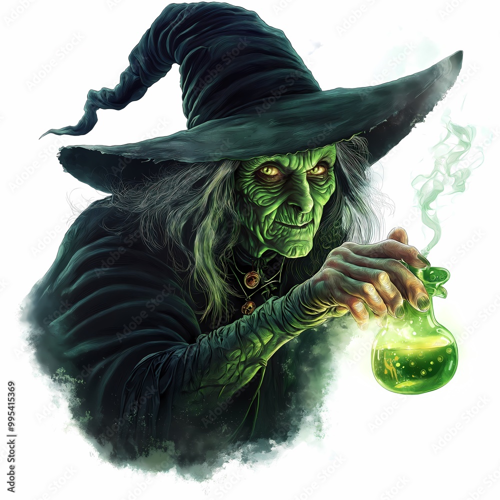 In a dim, enchanted forest, the sinister witch brews a glowing potion ...
