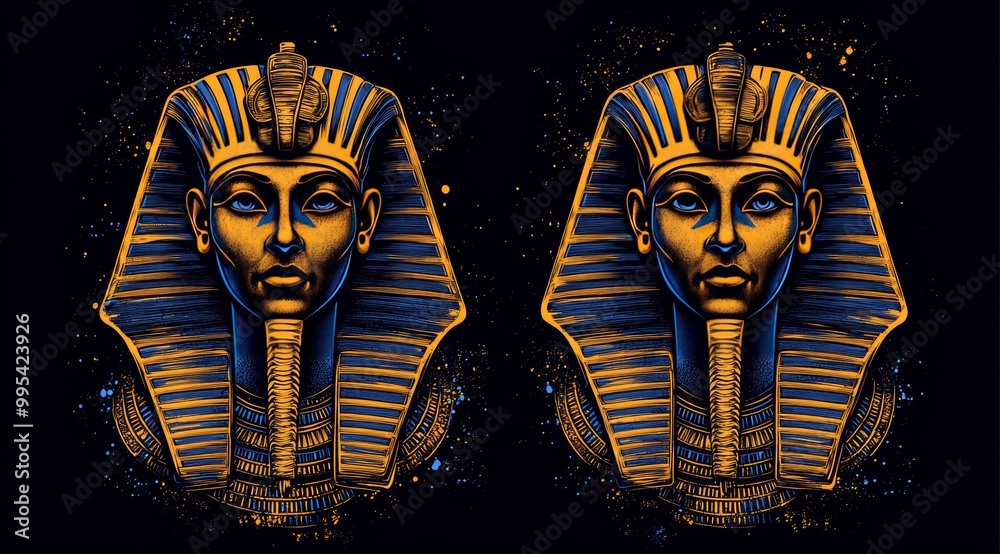 Two striking representations of an ancient Egyptian pharaoh in vibrant ...