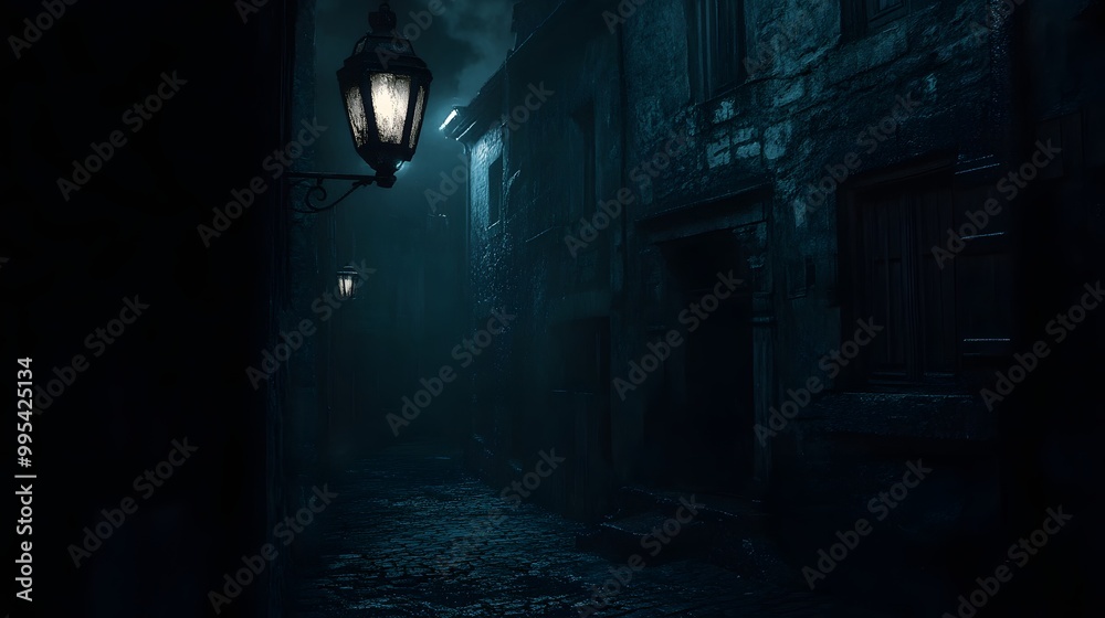 11. A dark alleyway lit by flickering street lamps and mysterious ...