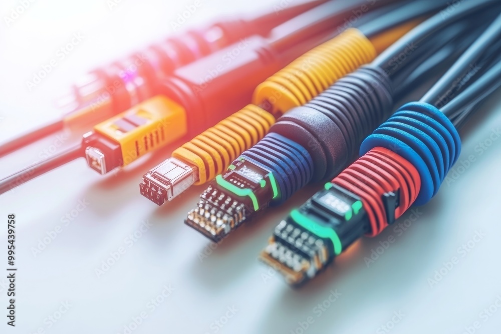 Colorful ethernet cables laid in parallel symbolizing organized data transmission high speed ...