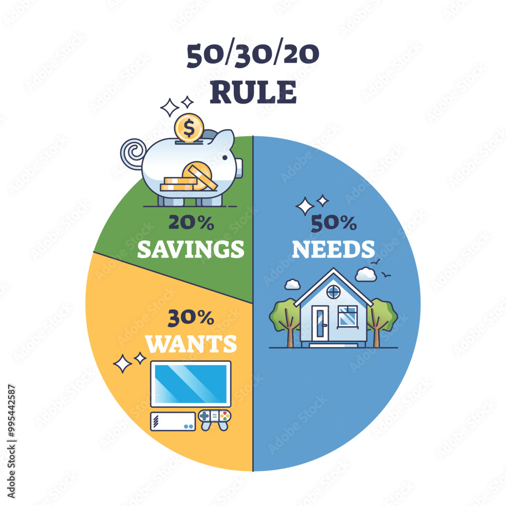 A pie chart illustrating the 50-30-20 rule with sections for needs ...