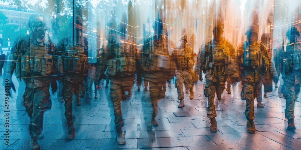 Soldiers in camouflage uniforms marching through city street. Military ...