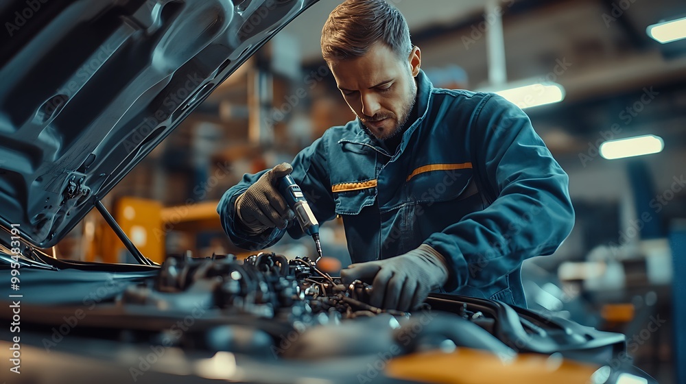 Automotive Engineer Working in a Garage An automotive engineer in a ...