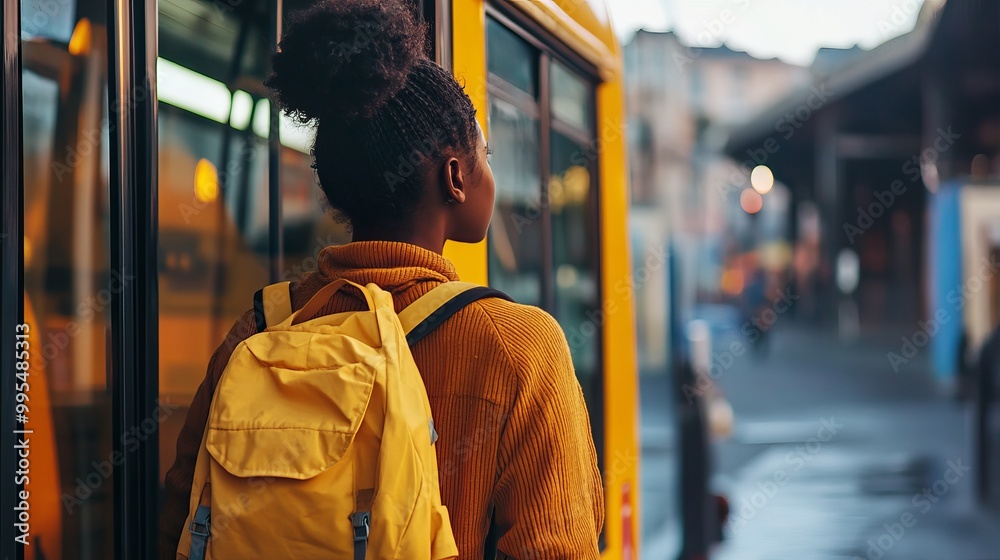 A close-up of an African American woman getting on the bus at the ...