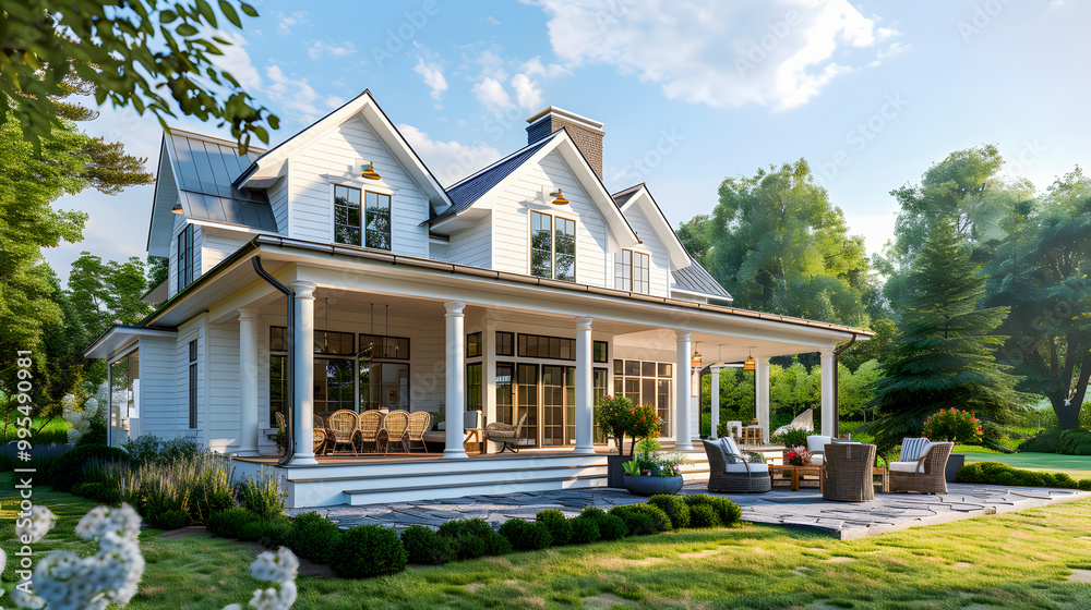 Exterior of a large modern farmhouse home white siding large front ...