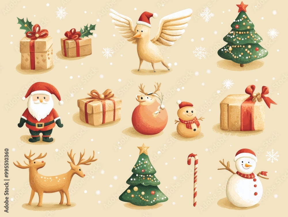 2408 34.A festive Christmas vector collection of icons, featuring iconic elements such as a ...