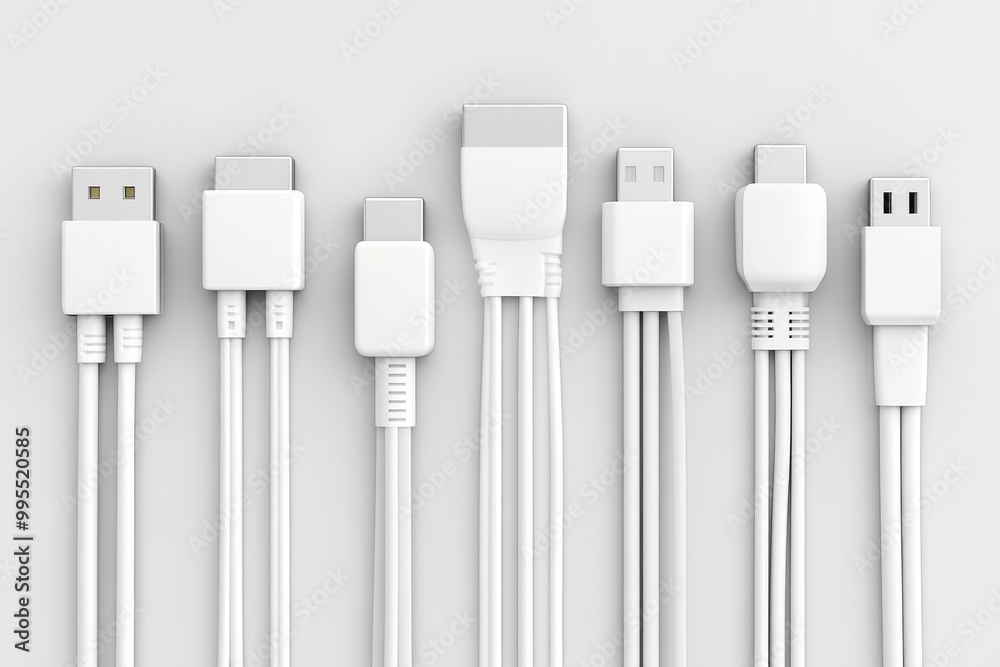 Collection of various modern white electronic connector cables arranged ...