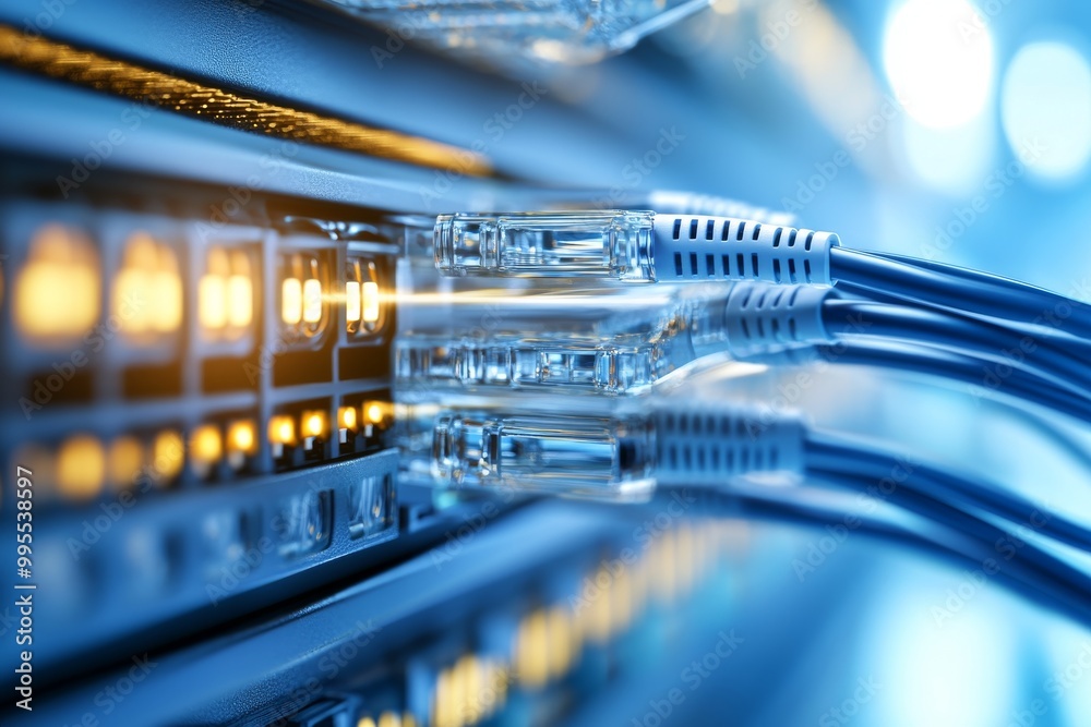 Close up of Ethernet cables with clear connectors plugged into a network switch representing ...