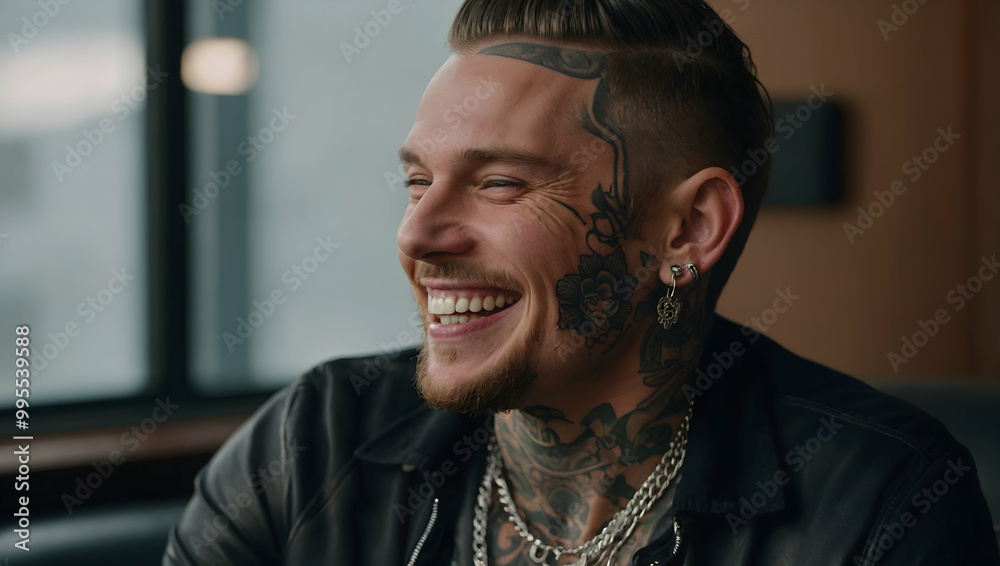 Radiant Laughter: A tattooed man beams with genuine joy, his infectious ...