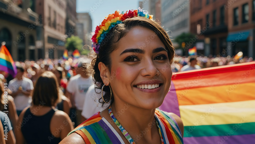 Pride Parade Joy: A vibrant woman beams with pride, adorned in rainbow ...
