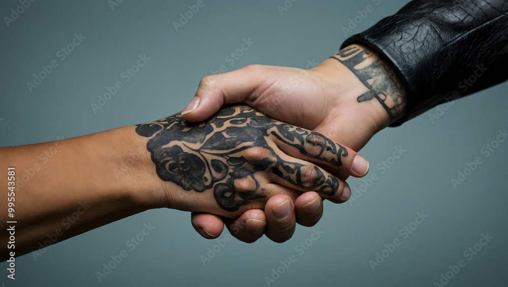 Tattooed Hands Clasped: Two hands, adorned with intricate black ink tattoos, clasp together in a ...
