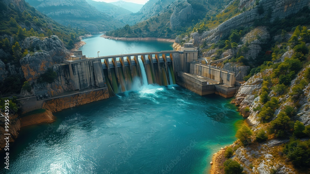 Hydroelectric dam in rugged mountain landscape. Hydroelectric dam ...