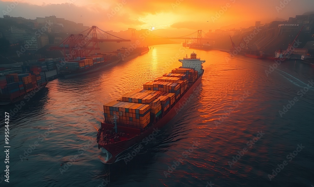 Container ship entering port during sunrise. Container ship approaches ...