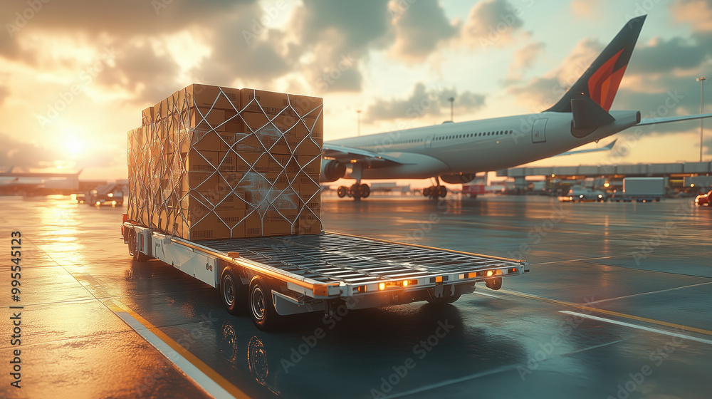 Cargo transport vehicle with pallets at sunset. Cargo transport vehicle ...